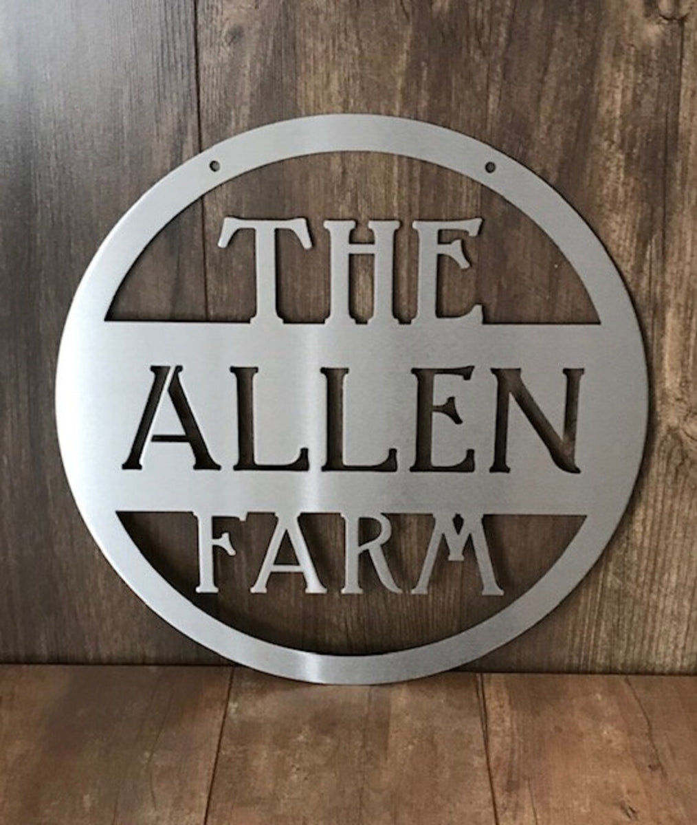 Custom Round Modern Name Farm Sign – Raw Metal Designs